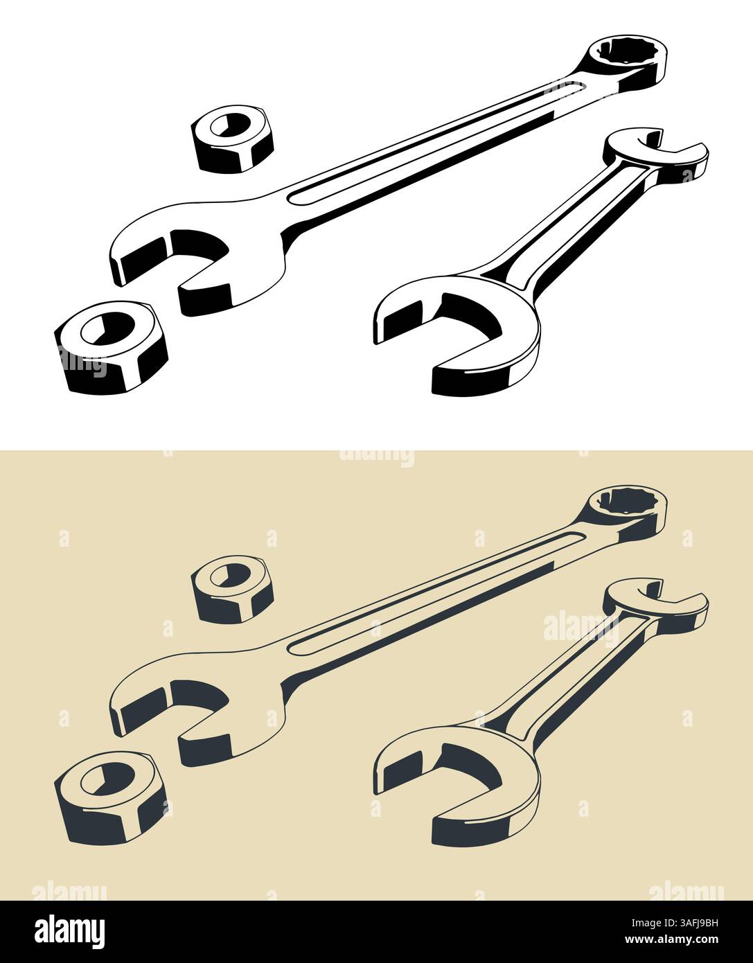 Wrenches and nuts close-up stylized vector illustrations Stock Vector ...