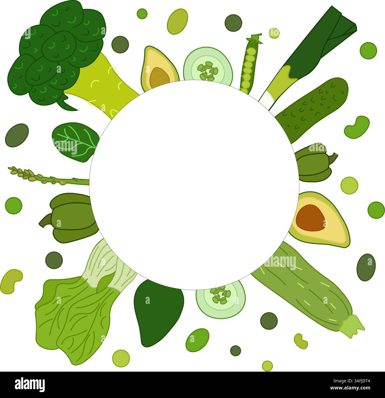 Green veggies circle frame. Vector flat Healthy vegetarian food ...