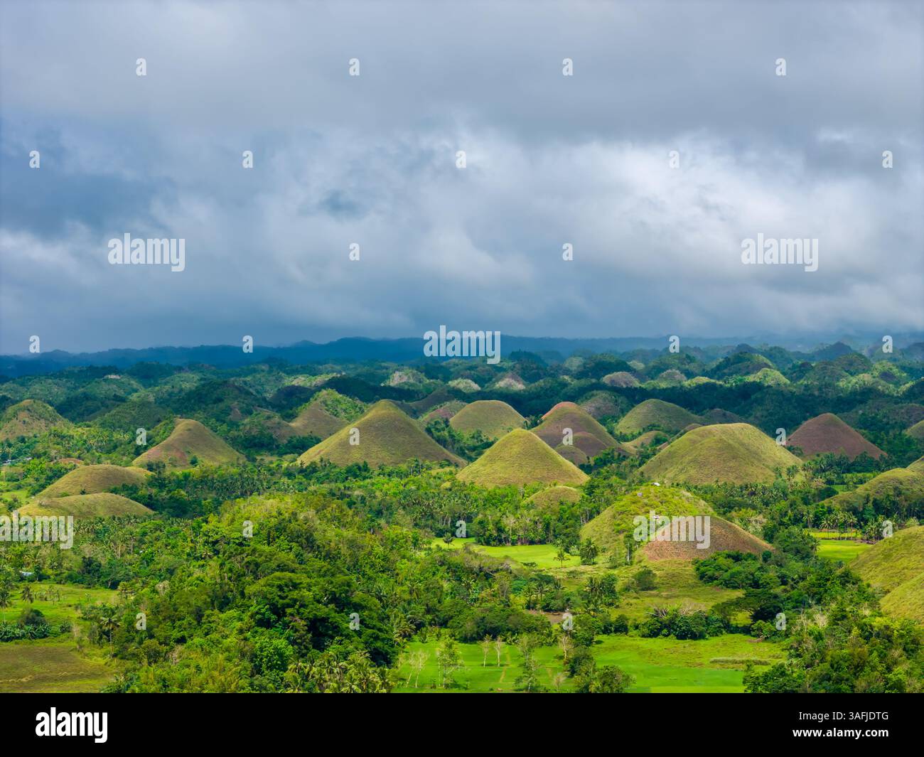 Chocolate hills, Bohol island, Philippines. Aerial drone panoramic view ...