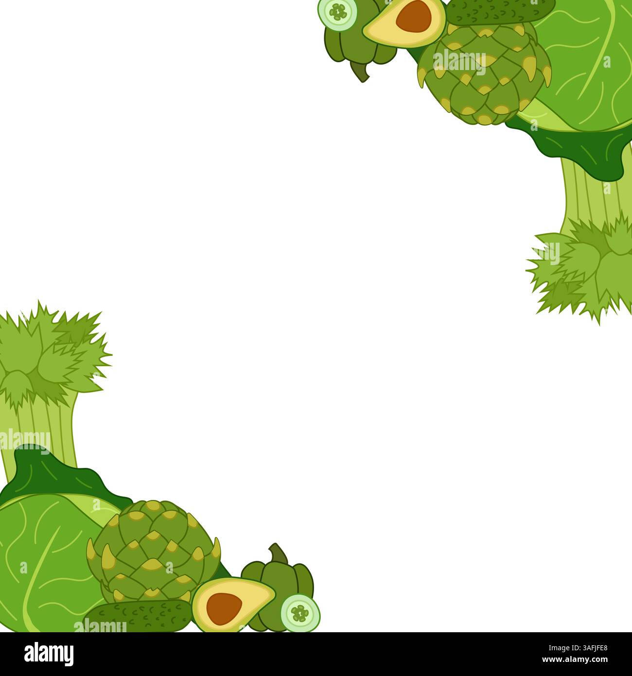 Fresh green veggies square frame in corner. Vector flat composition ...