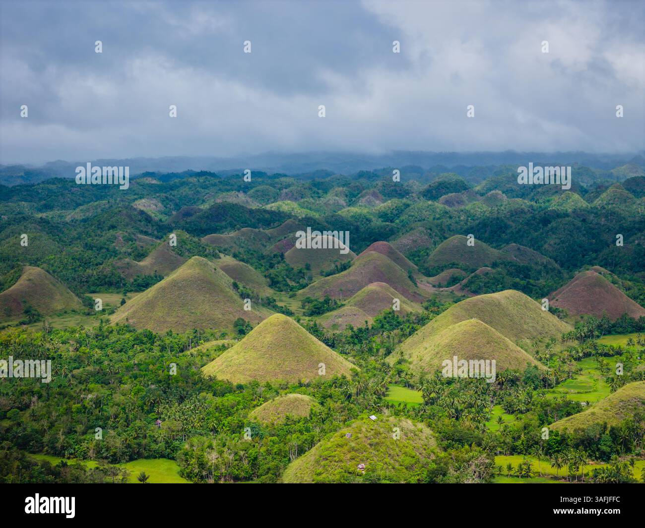 Chocolate hills, Bohol island, Philippines. Aerial drone panoramic view ...