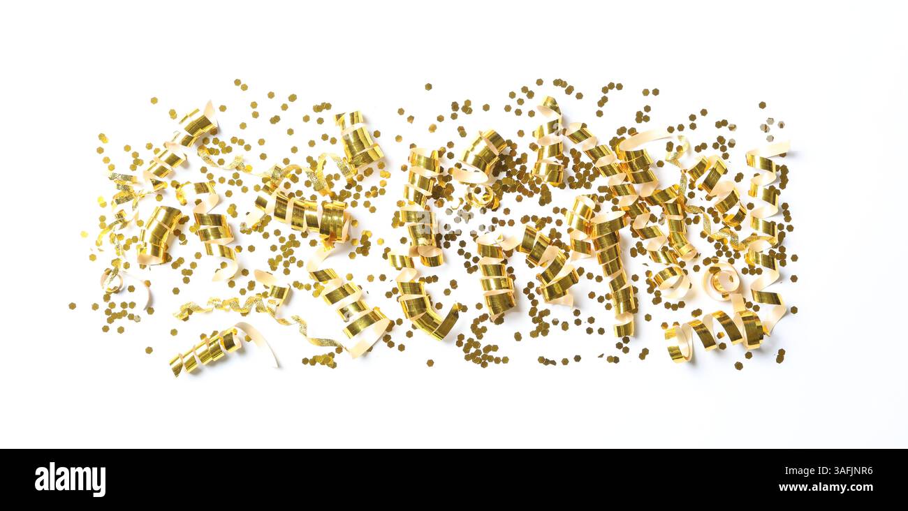 Shiny golden serpentine streamers and confetti on white background, top ...