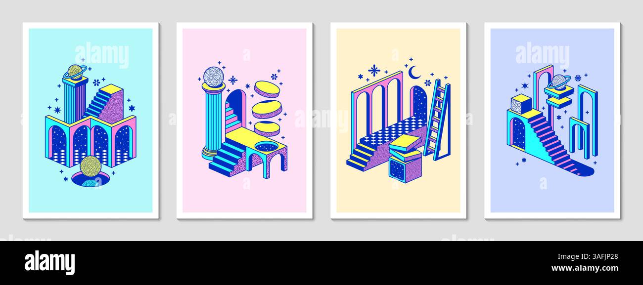 Psychedelic y2k posters of stairs and surreal portals with starry space ...