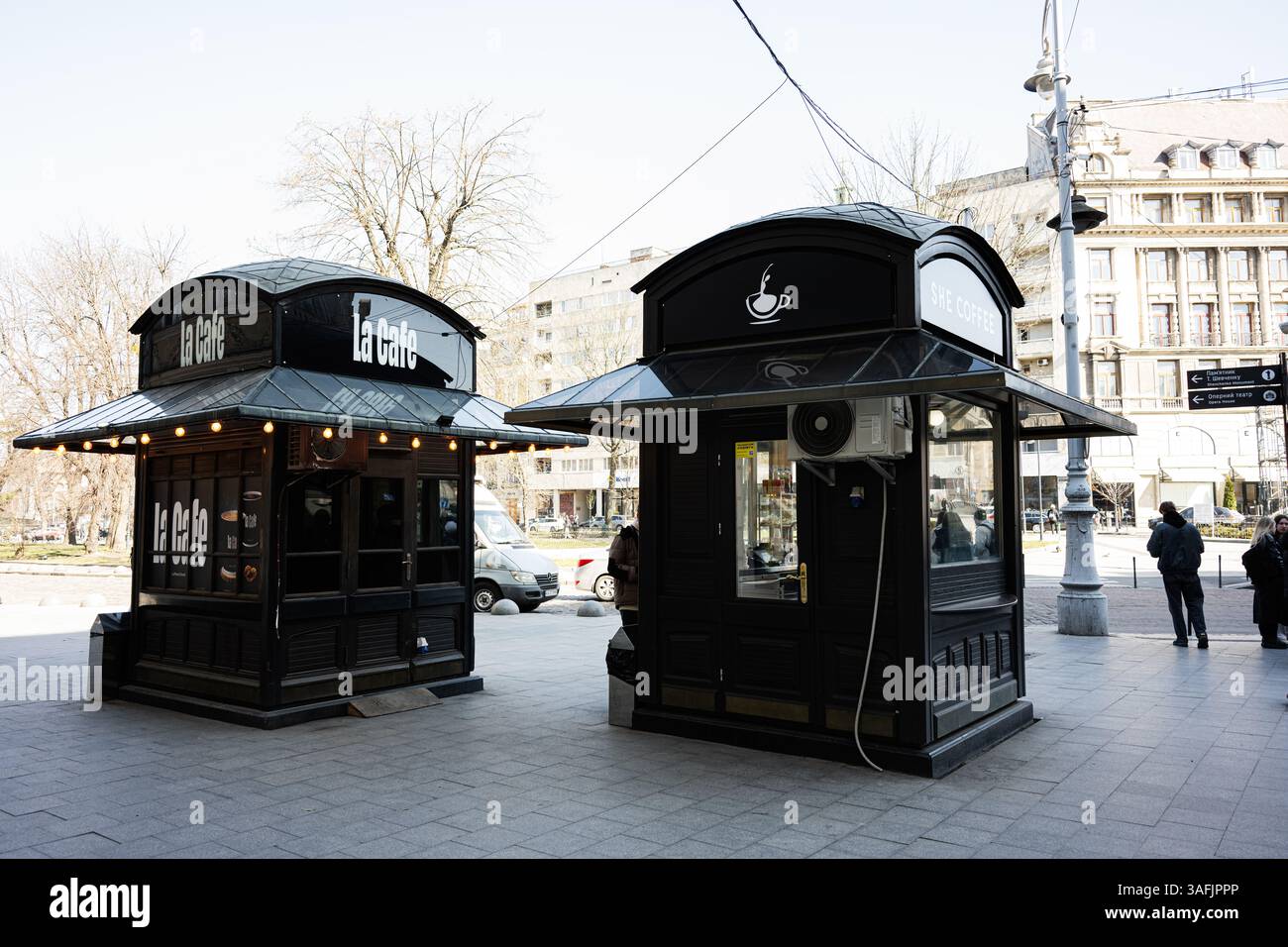 Lviv, Ukraine - April 06, 2025: Two small La Cafe coffee kiosks on an ...