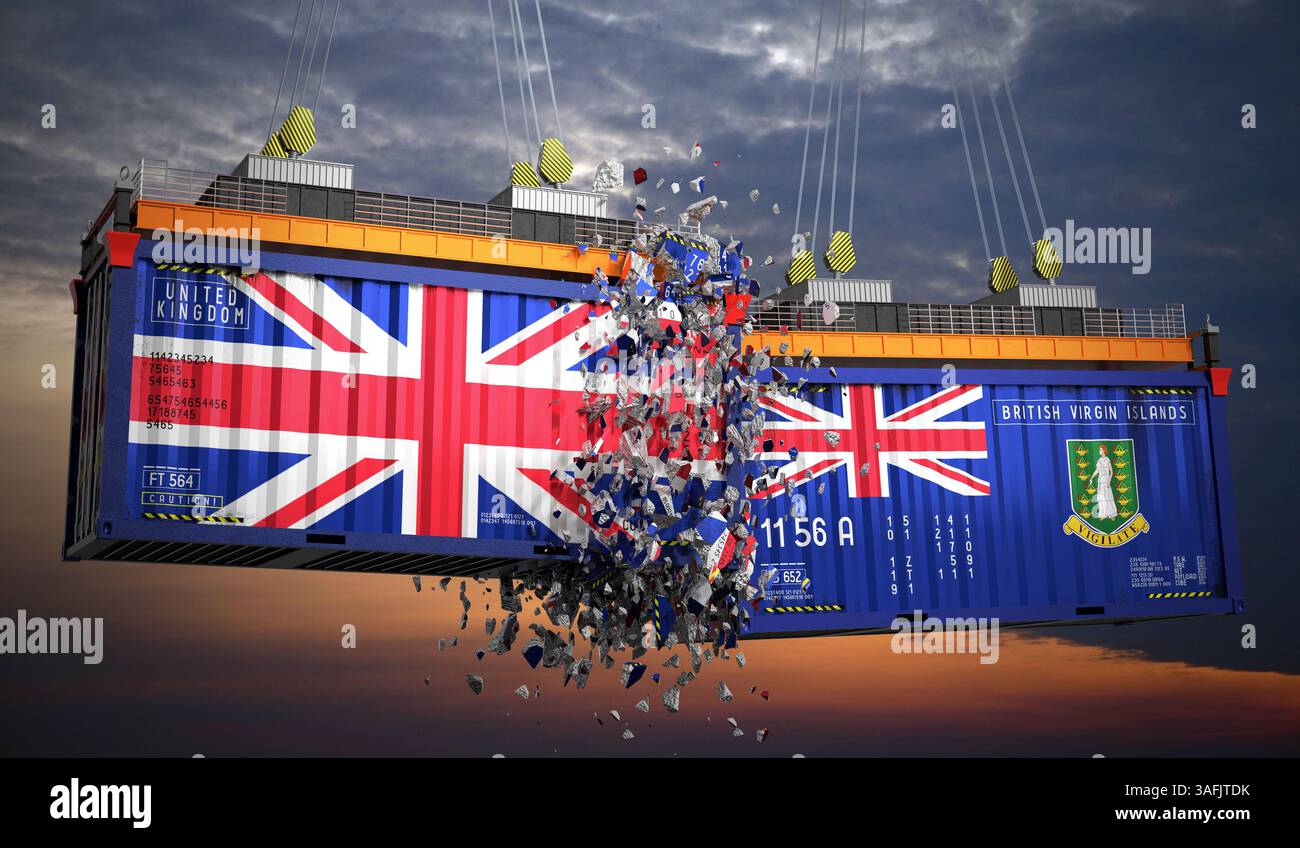 Cargo containers with flags of United Kingdom and British Virgin ...