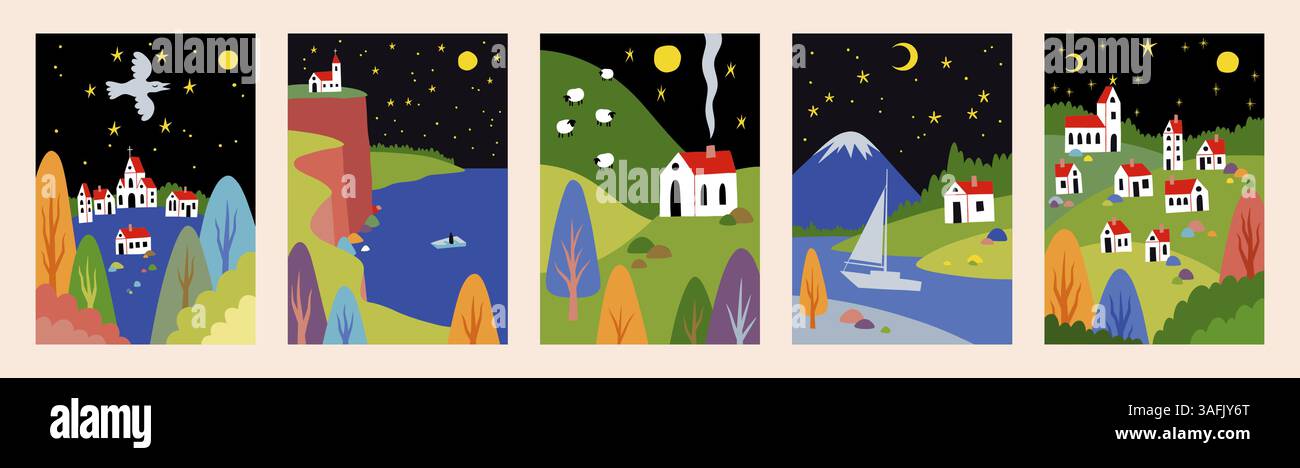 Mountain meadow farm sea Stock Vector Images - Alamy