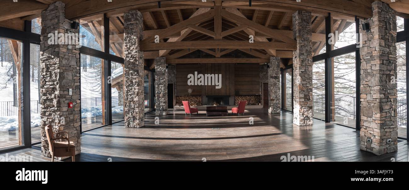 Interior of Luxury Alpine Hotel Lounge with Snowy Forest Views Stock ...
