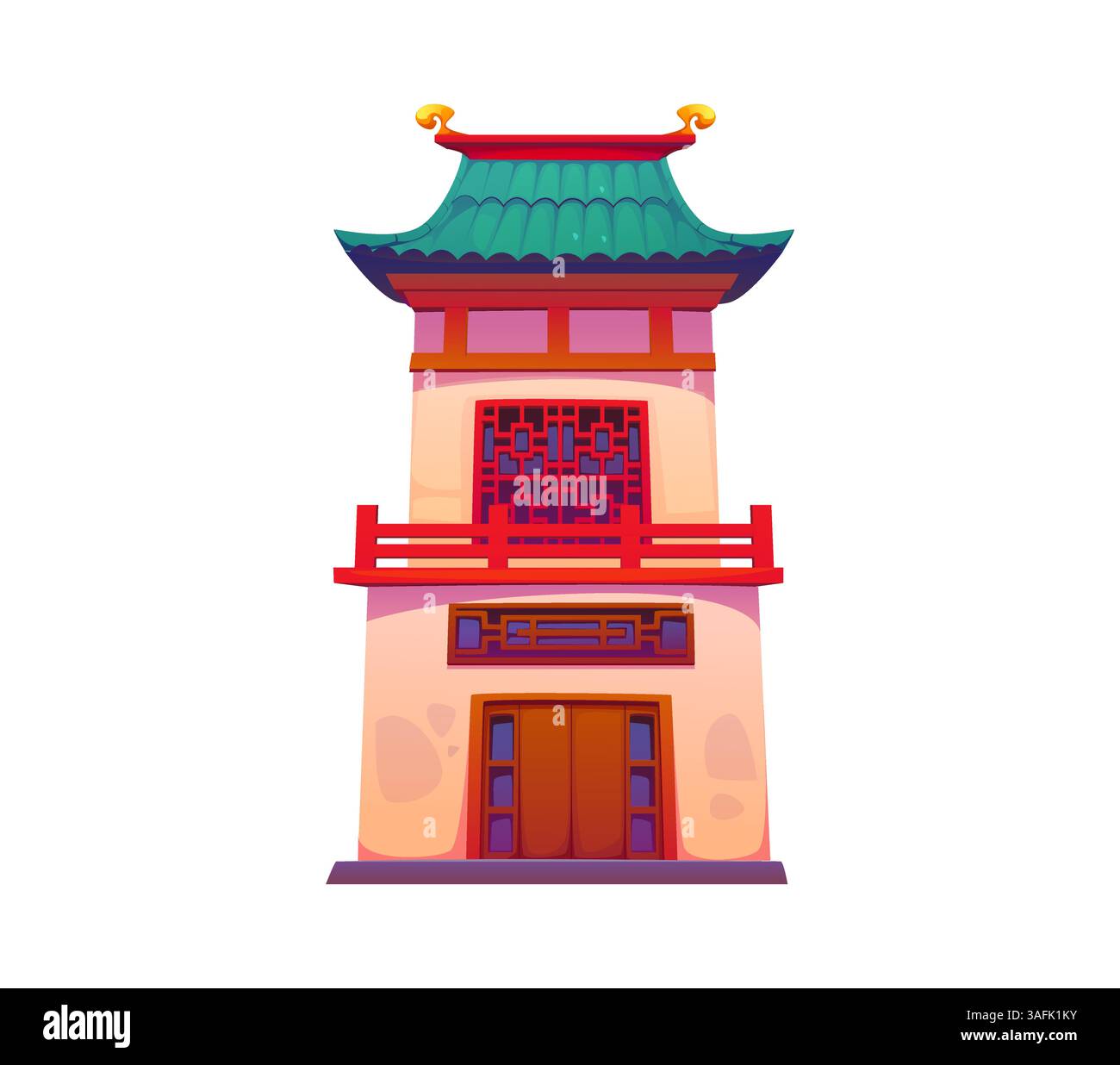 Cartoon traditional Chinese pagoda building with green roof, red wooden ...