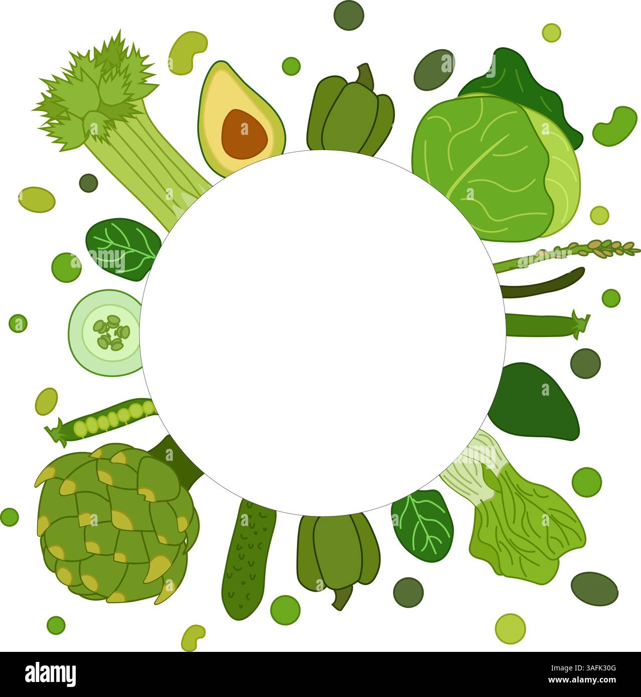 Green vegetables circle round frame, boxing, bordering. card template ...