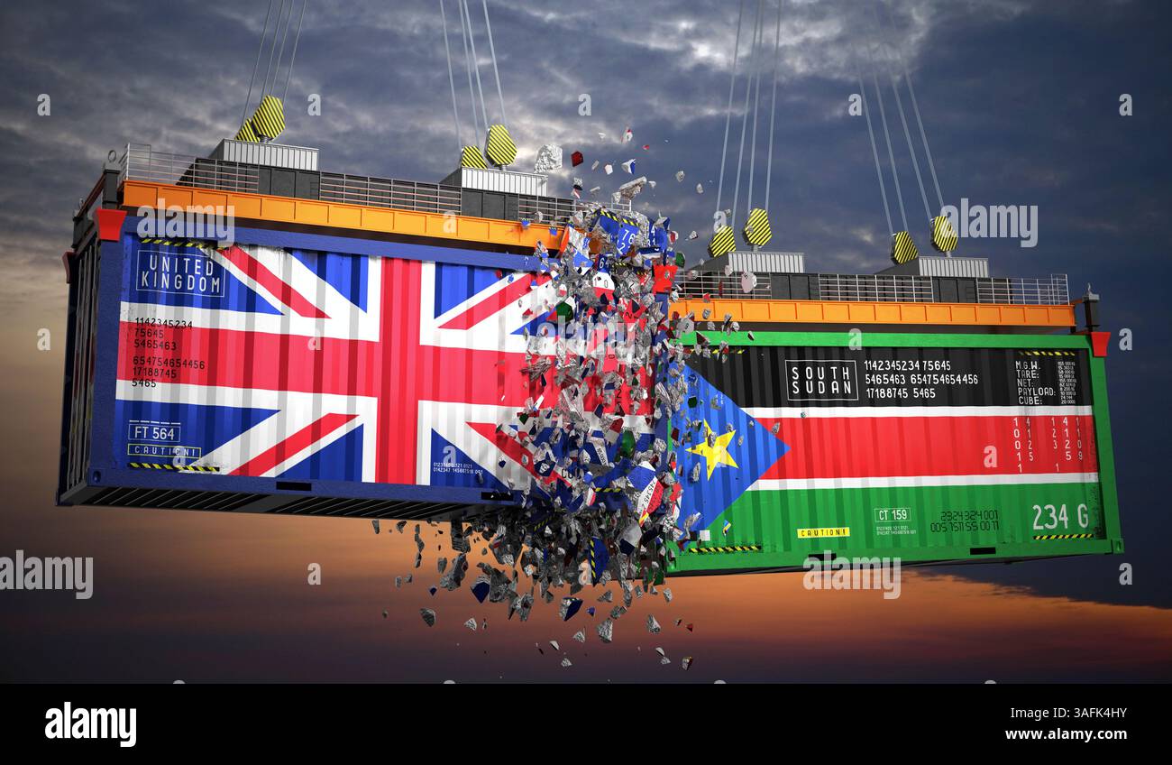 Cargo containers with flags of United Kingdom and South Sudan - 3D ...