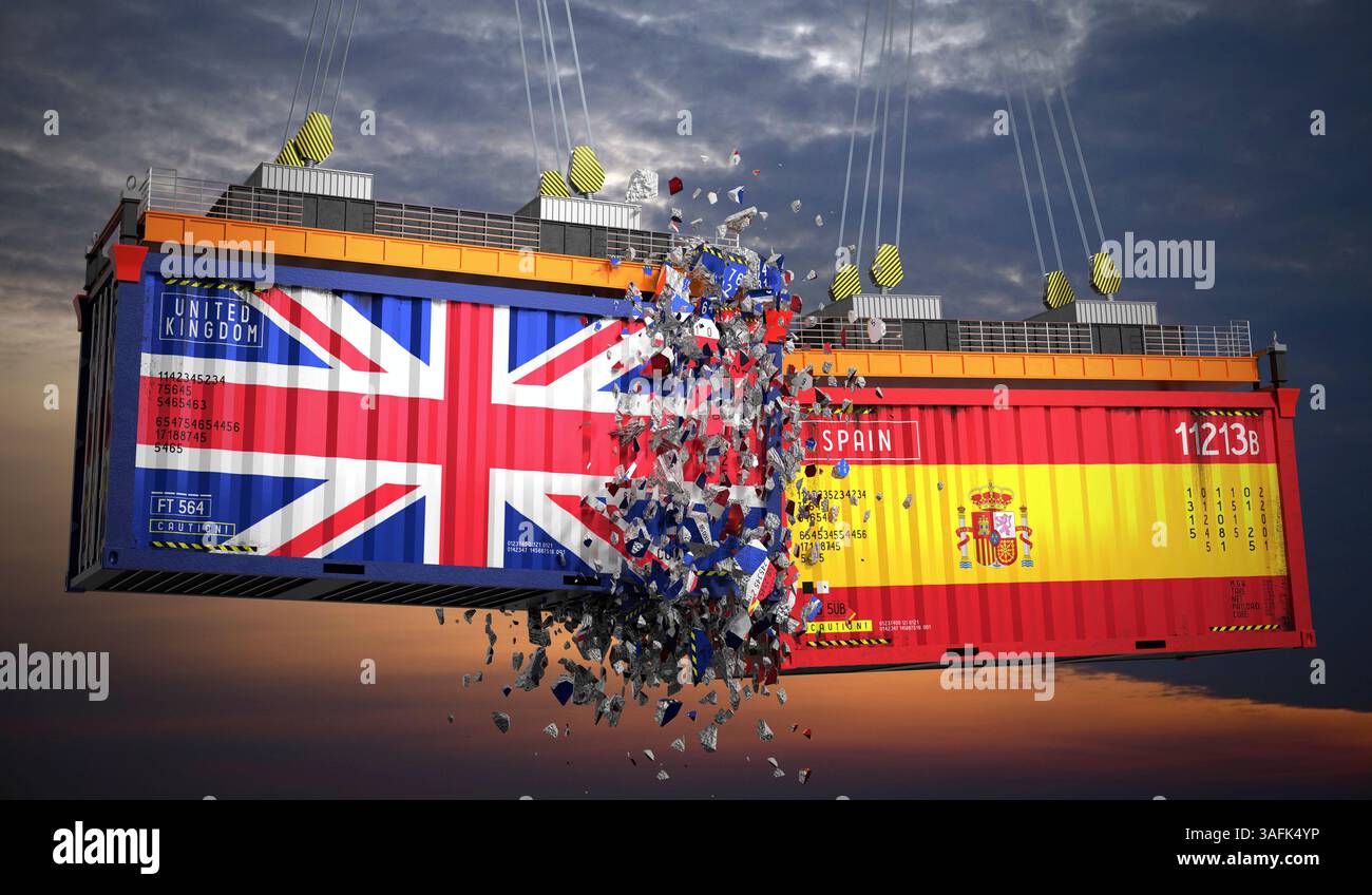 Cargo containers with flags of United Kingdom and Spain - 3D ...