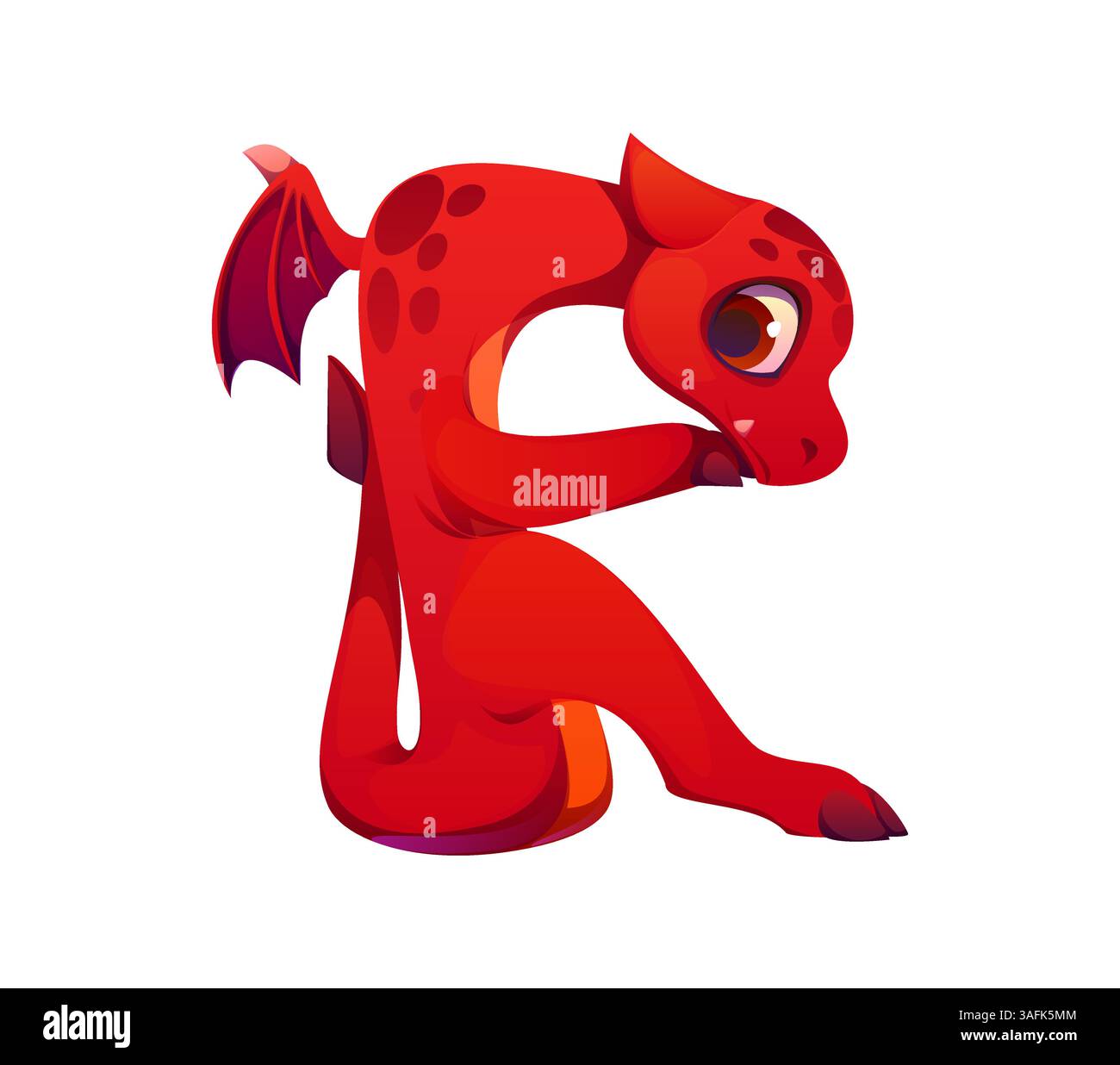Winged red dragon character font letter R. Fairy animal personage ...