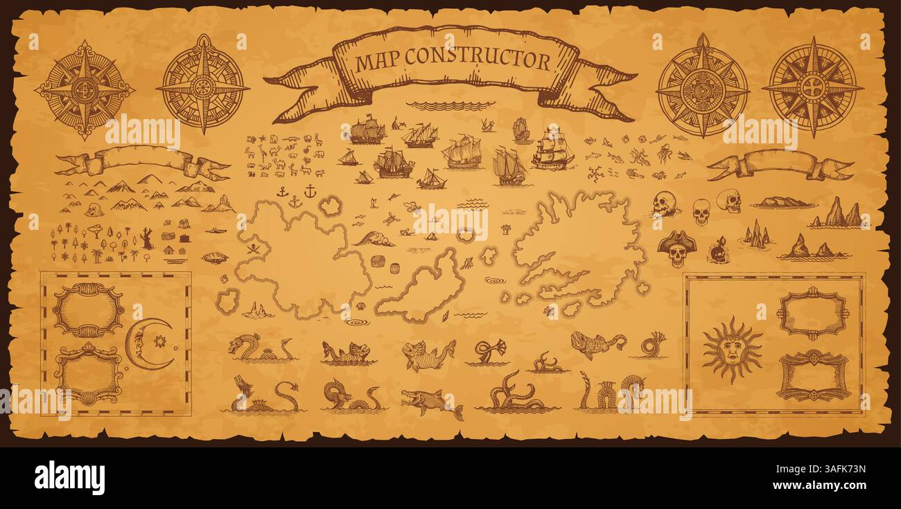 Vintage pirate map constructor, vector set of elements on aged ...