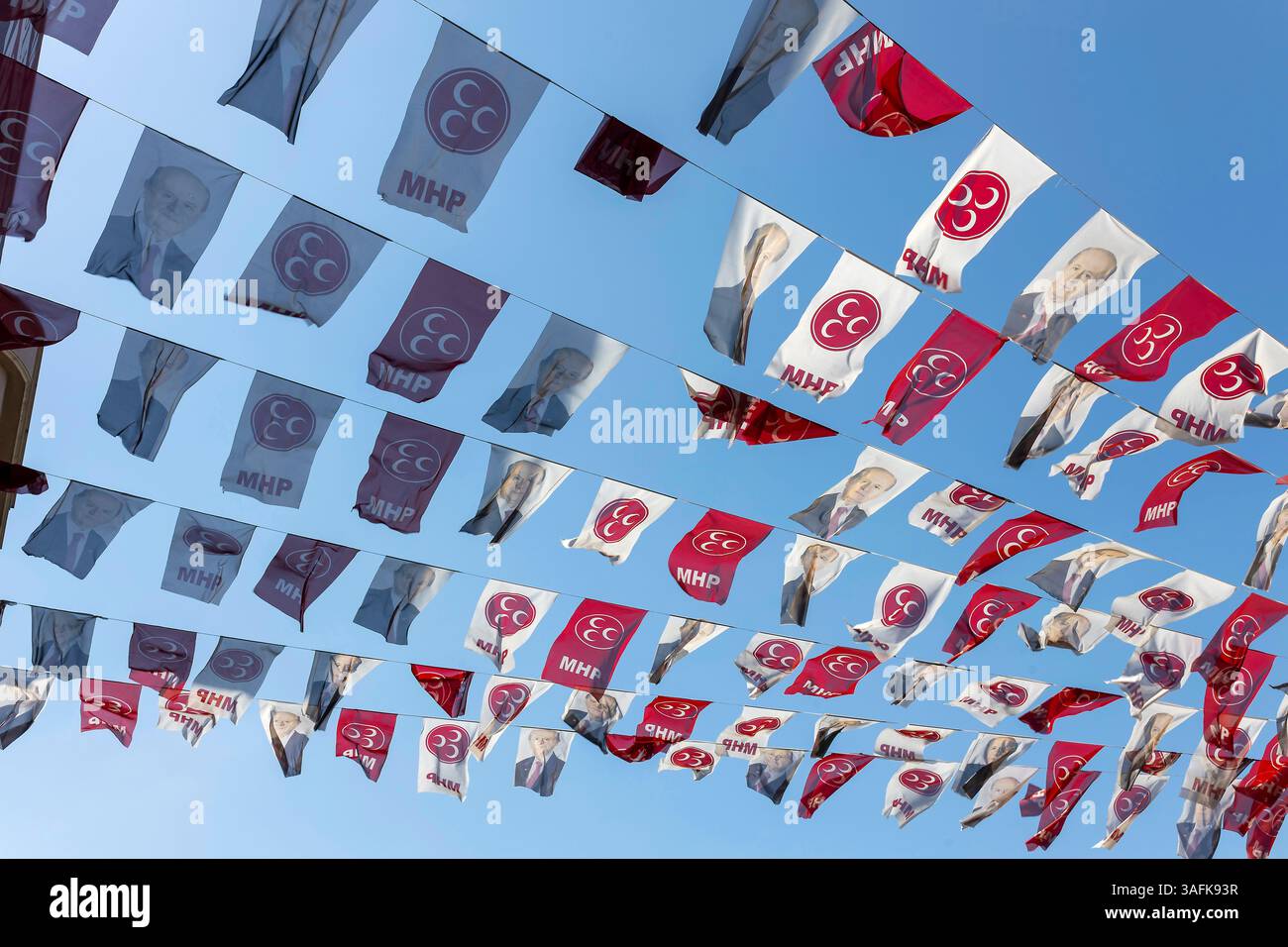Istanbul, Turkey, May 2, 2024, Strings of Turkish political party flags ...