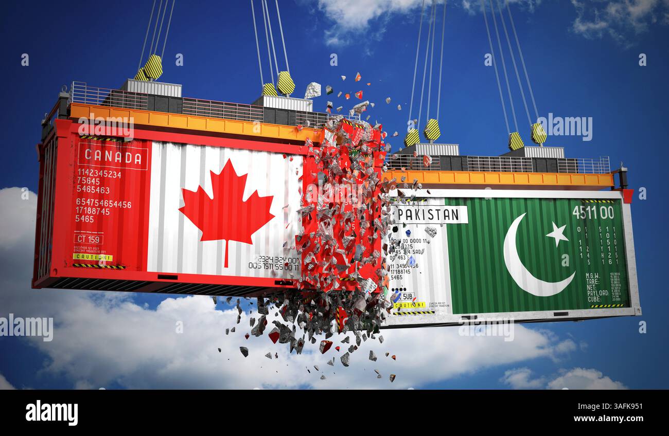 Cargo containers with flags of Canada and Pakistan - 3D illustration ...