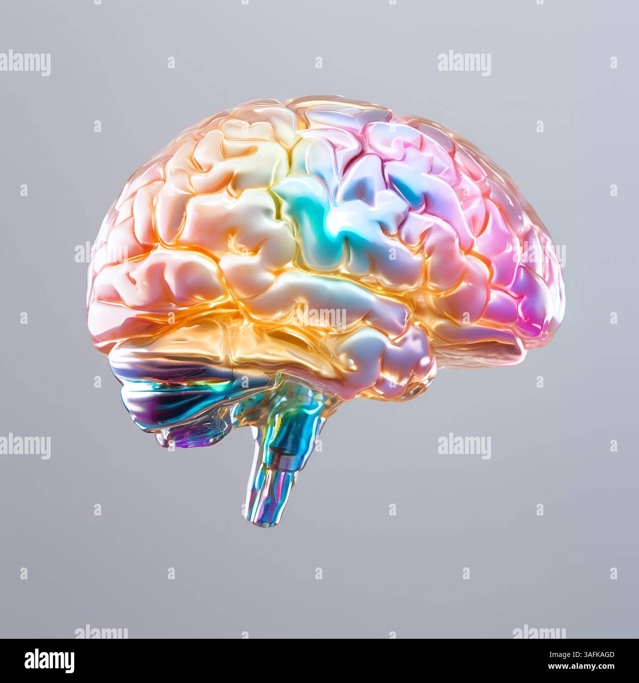 Futuristic 3D illustration of a colorful iridescent human brain on a ...