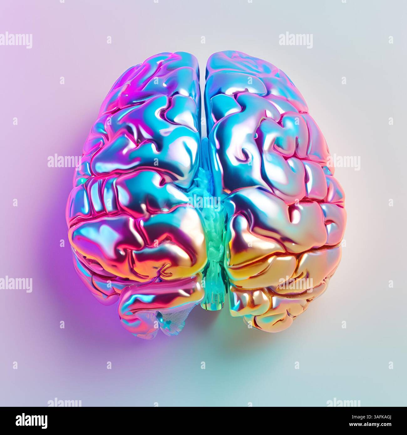 Futuristic 3D illustration of a colorful iridescent human brain on a ...