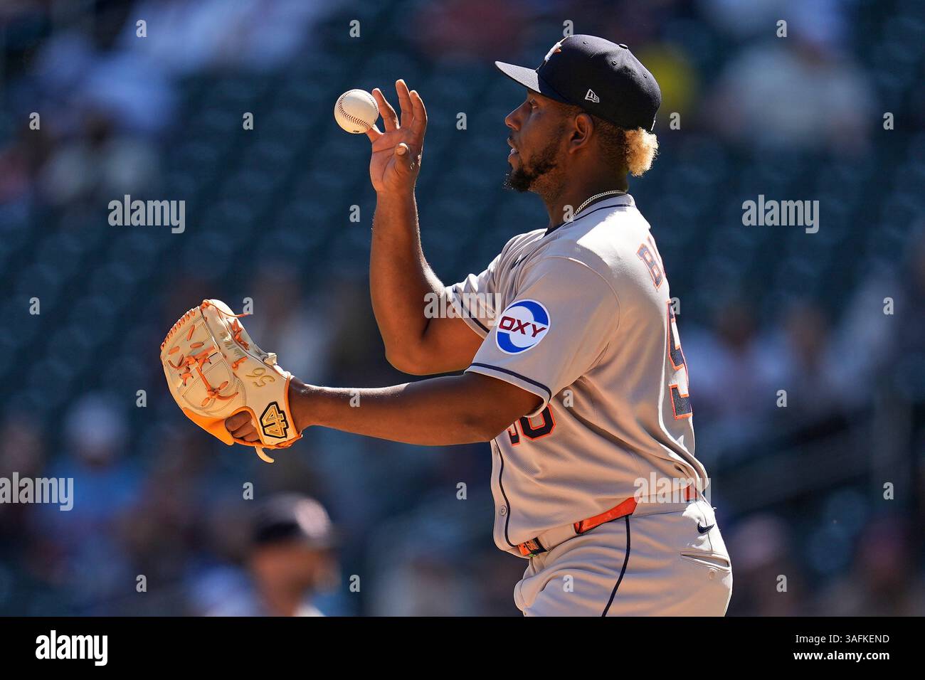 Houston Astros starting pitcher Ronel Blanco (56) walks on the mound ...