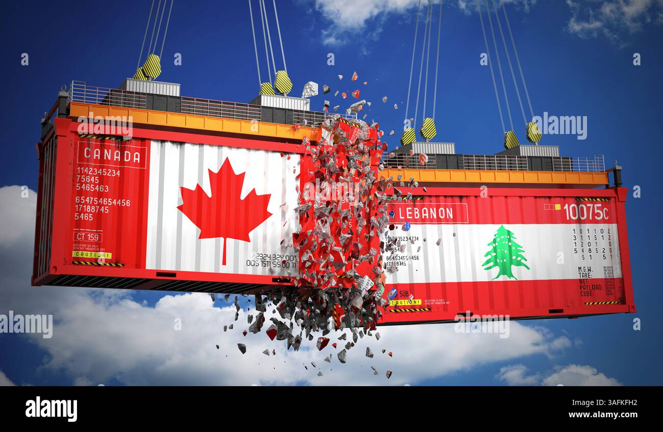 Cargo containers with flags of Canada and Lebanon - 3D illustration ...