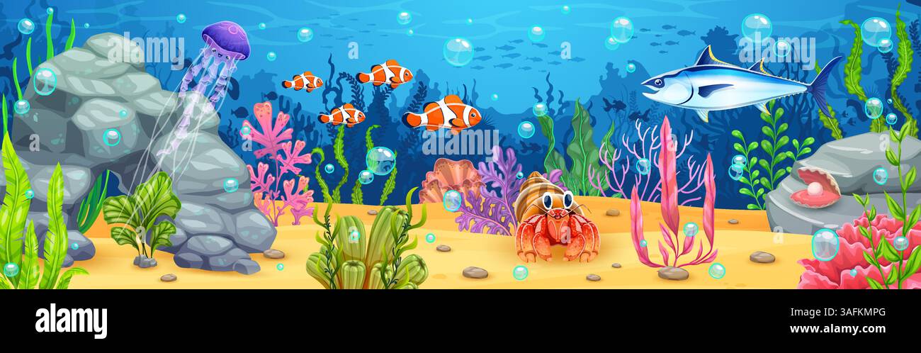 Cartoon underwater landscape for game with fishes and sea animals ...