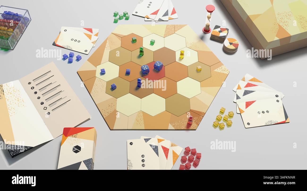 Colored board game field with chips, dice and cards mockup Stock Photo ...