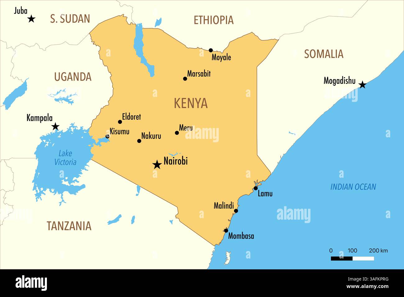Map of Kenya with Major Cities and Neighboring Countries Stock Photo - Alamy