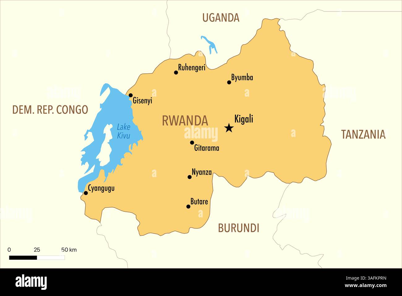 Map of Rwanda with Major Cities and Neighboring Countries Stock Photo ...