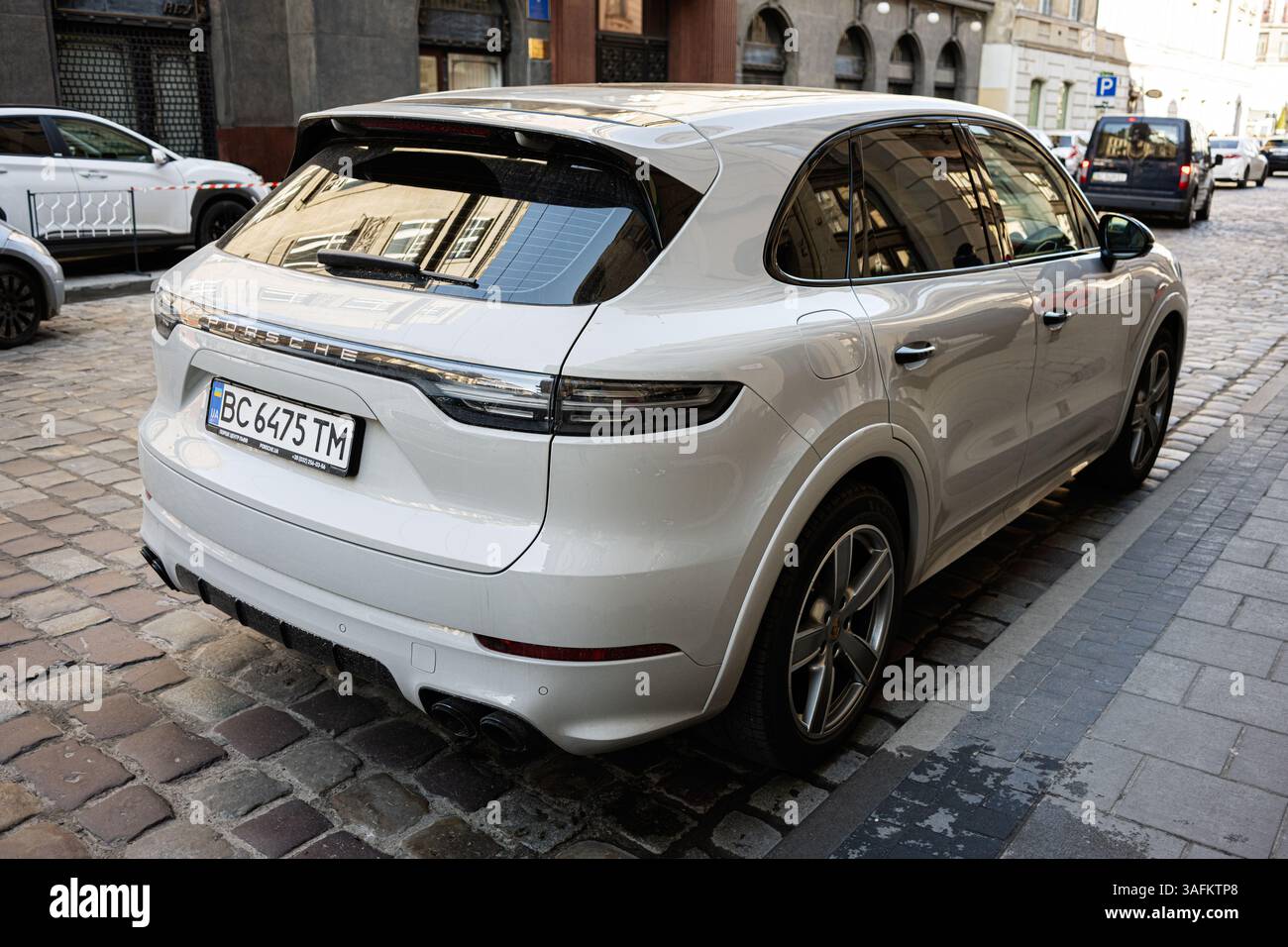 Lviv, Ukraine - April 06, 2025: Luxury gray Porsche Cayenne Turbo S E ...