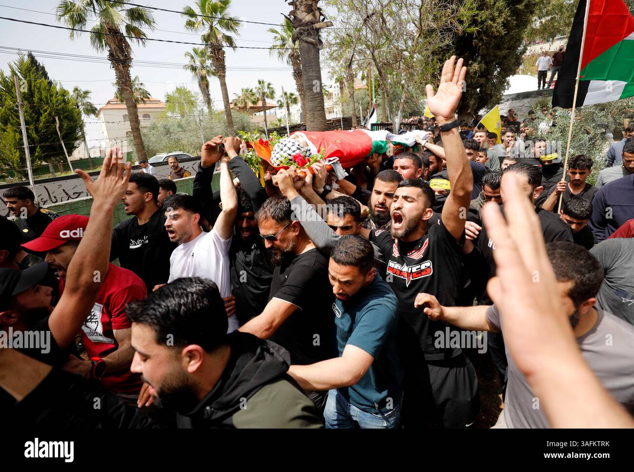 Turmus Ayya, West Bank city of Ramallah. 7th Apr, 2025. People attend ...