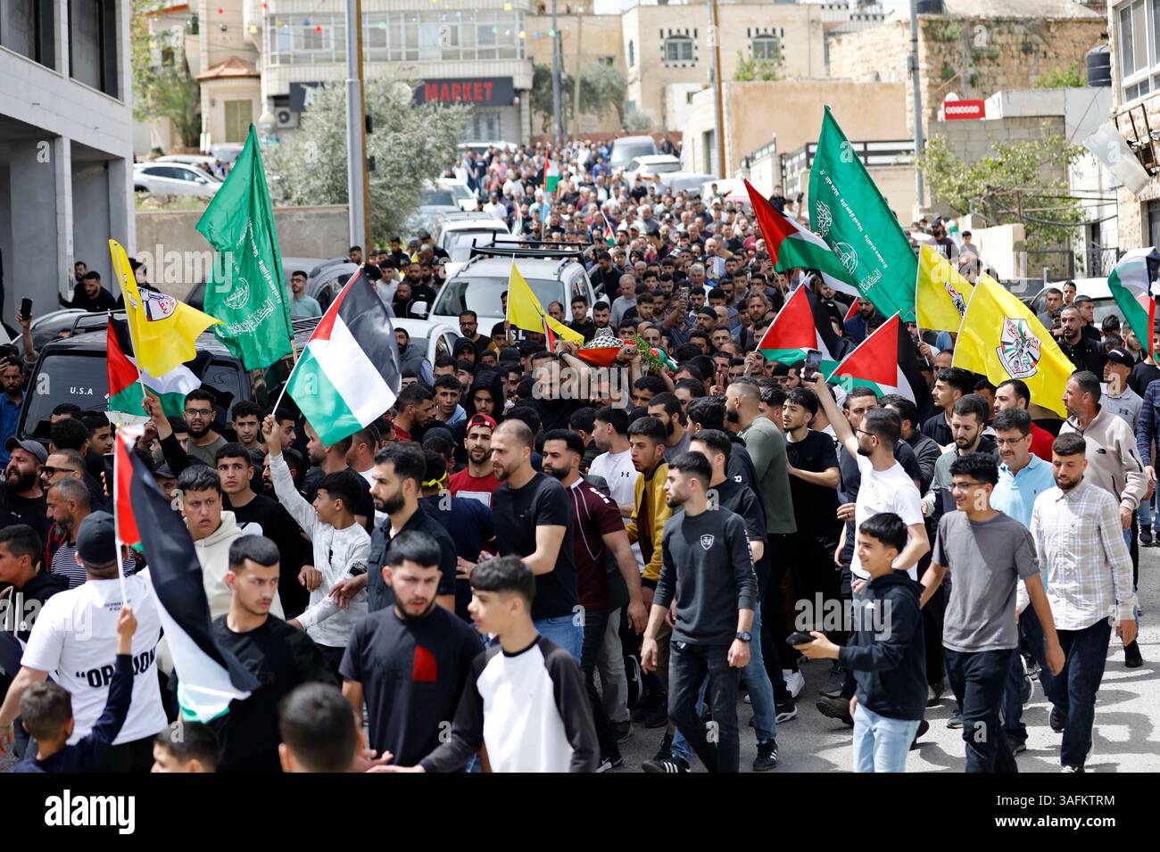 Turmus Ayya, West Bank city of Ramallah. 7th Apr, 2025. People attend ...