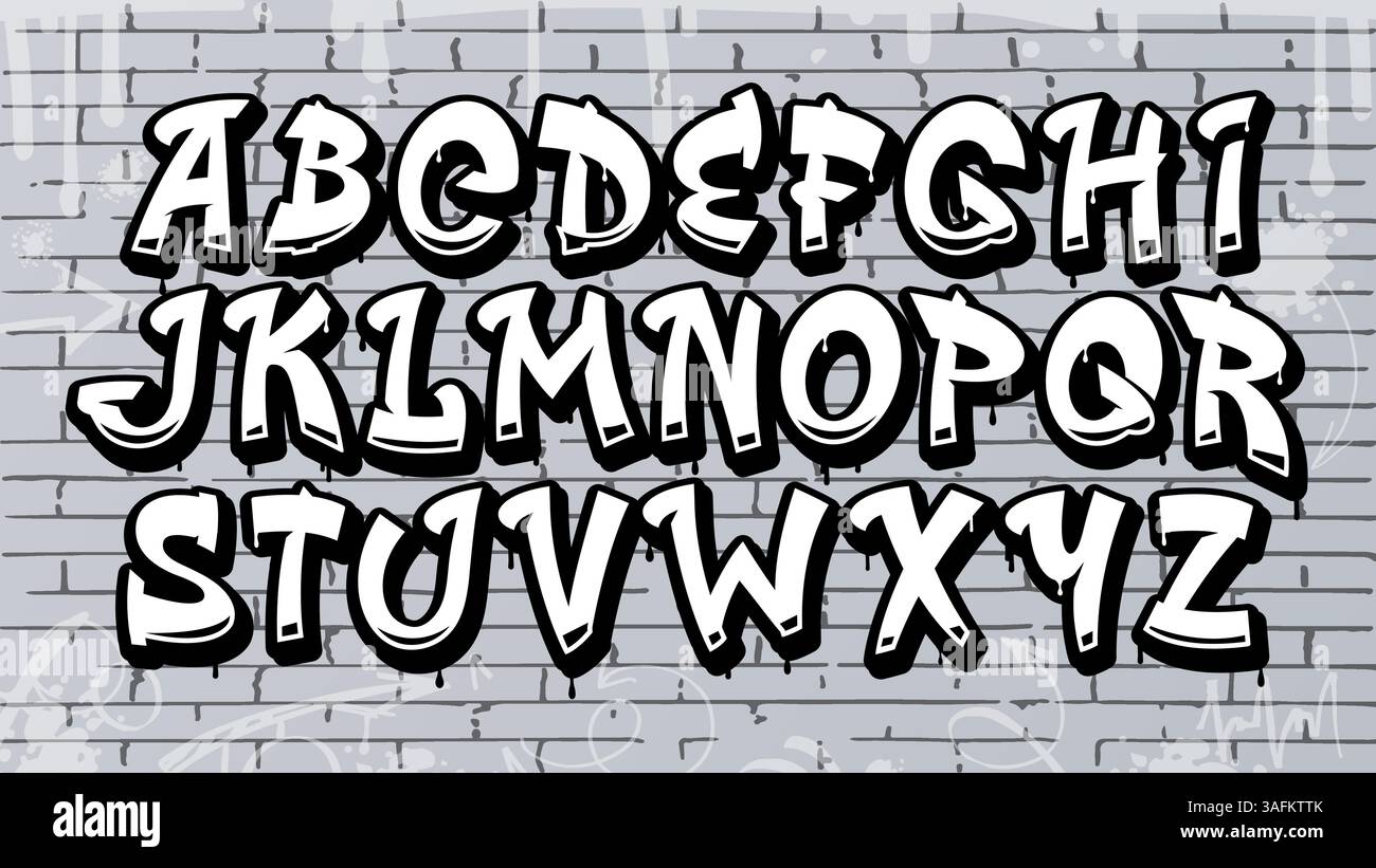 Graffiti font or hip hop type in street art, typeface with grunge ...