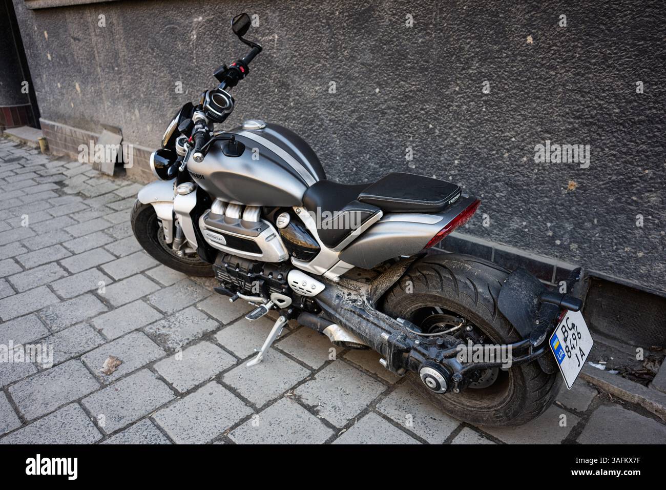 Lviv, Ukraine - April 06, 2025: A sleek Triumph Rocket III motorcycle ...