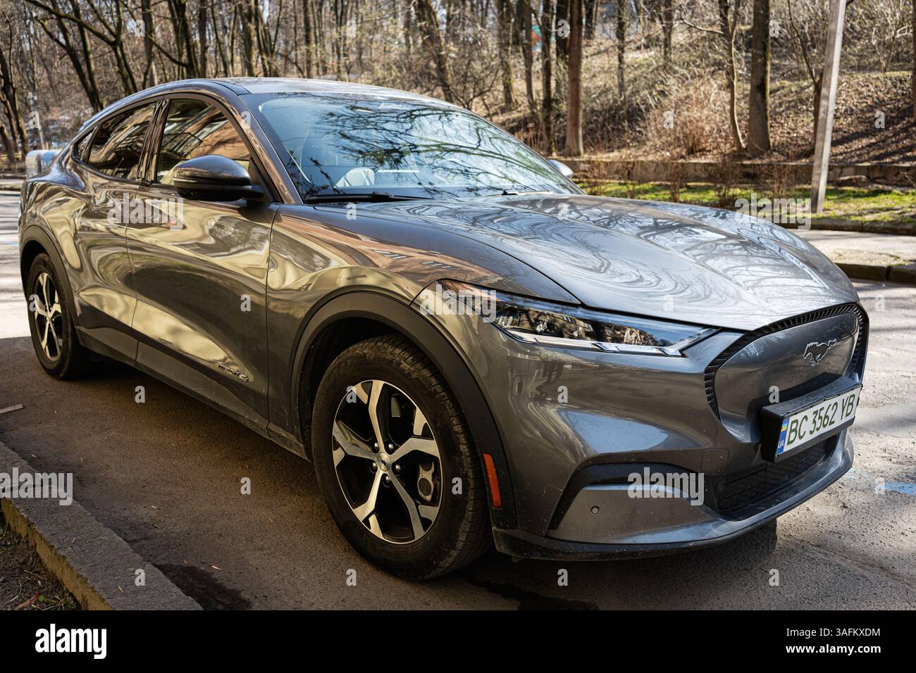 Lviv, Ukraine - April 06, 2025: A modern gray electric Ford Mustang ...