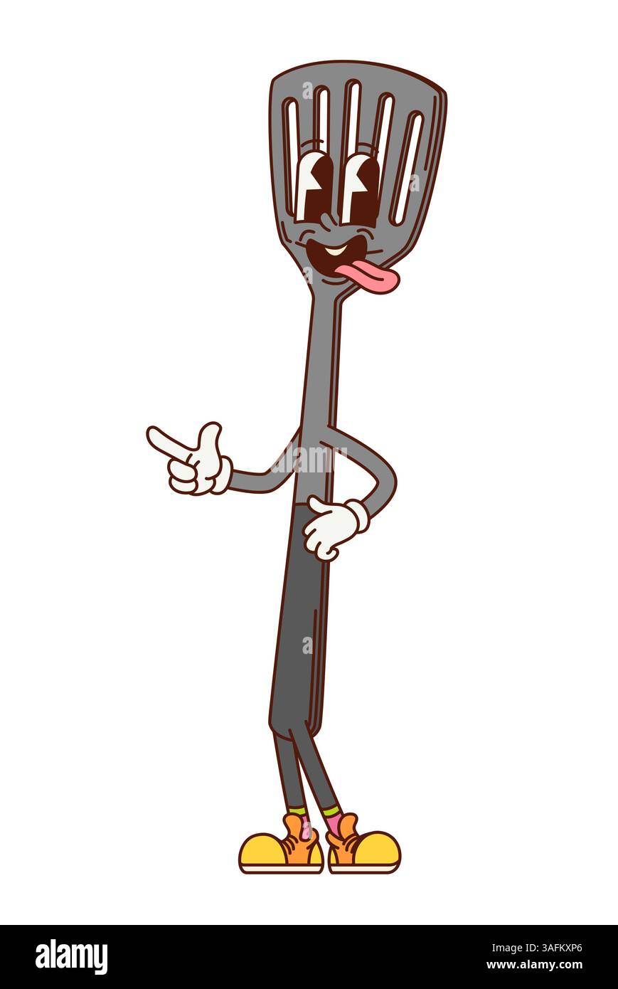 Cartoon groovy kitchen spatula character with funny face, vector ...