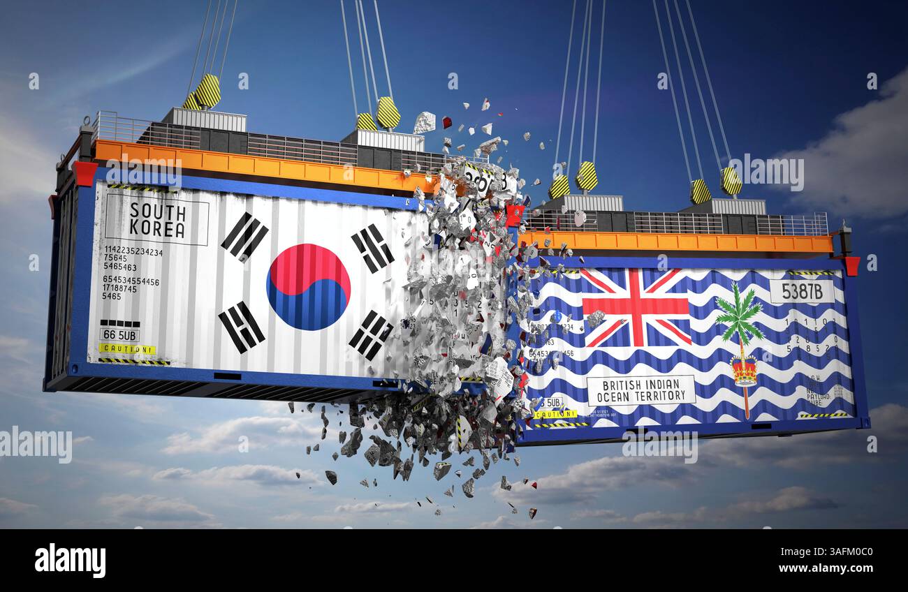 Cargo containers with flags of South Korea and British Indian Ocean ...
