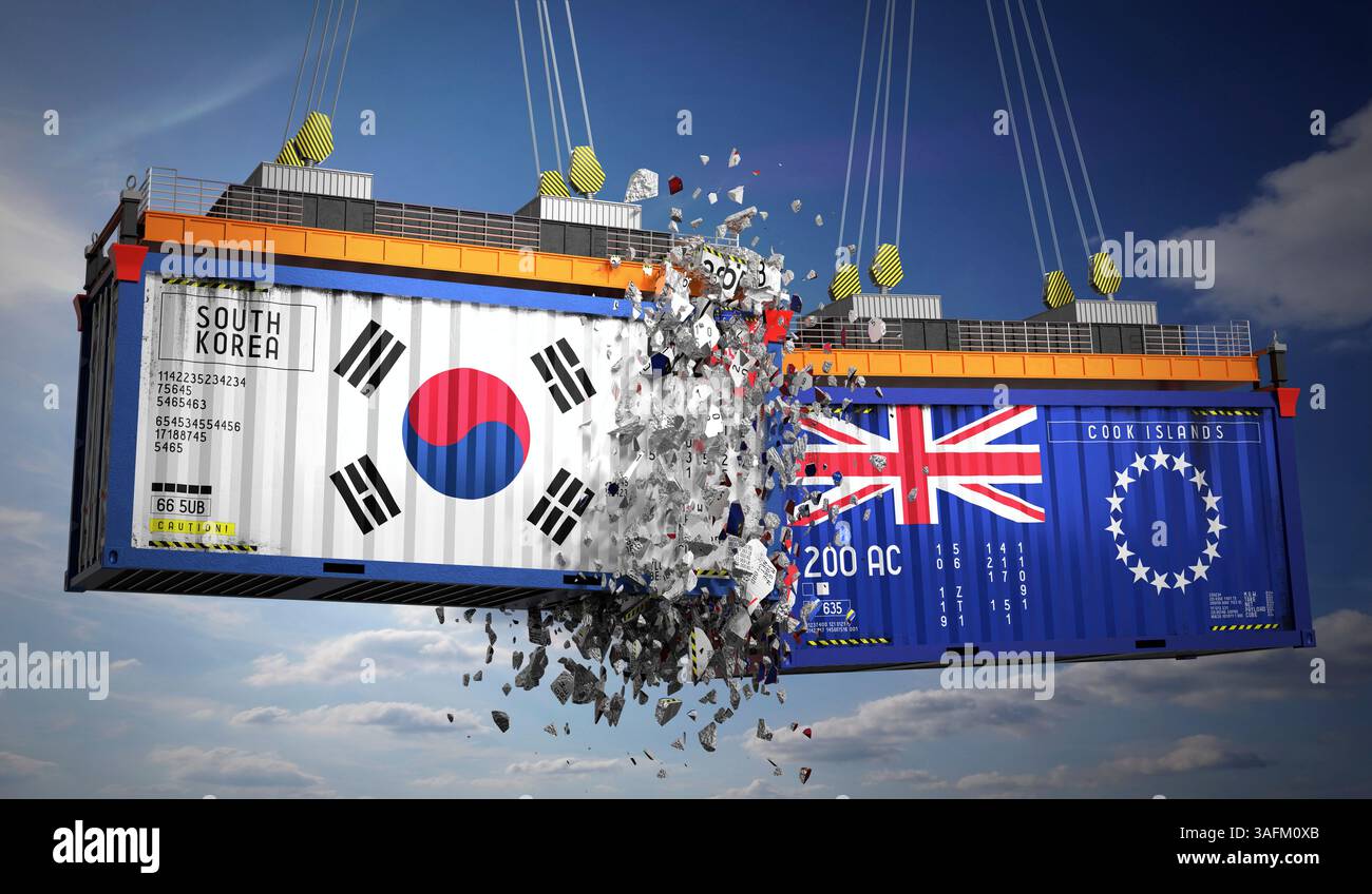 Cargo containers with flags of South Korea and Cook Islands - 3D illustration Stock Photo - Alamy