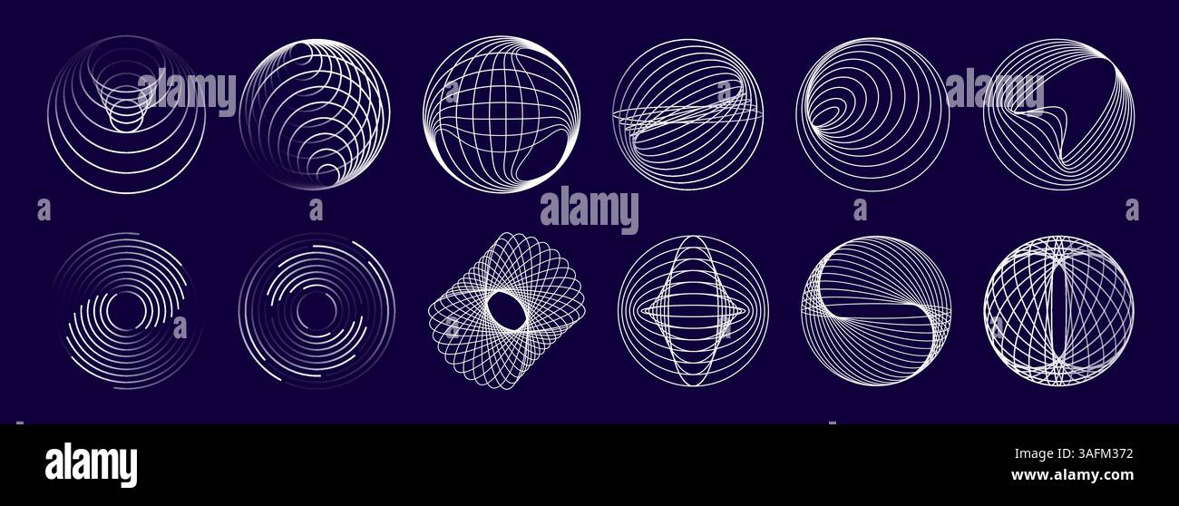Concentric round line spiral swirls and geometric wave shapes, vector ...