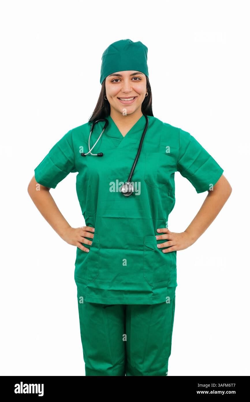 Confident latin female surgeon wearing green medical scrubs and ...