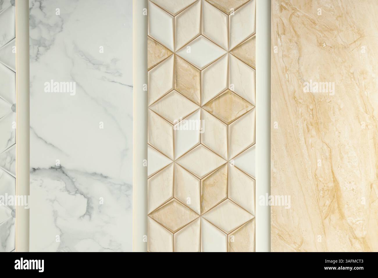 Samples of tiles with different patterns on display in store Stock ...