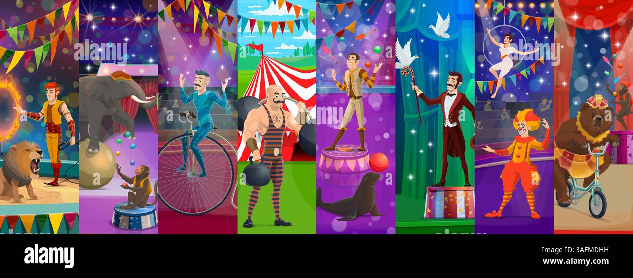 Cartoon circus performer characters and animals, clowns and acrobats, vector collage. Circus and ...