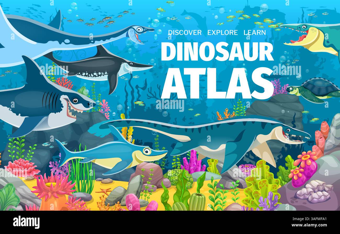 Prehistoric underwater dinosaur reptile characters for atlas book cover ...