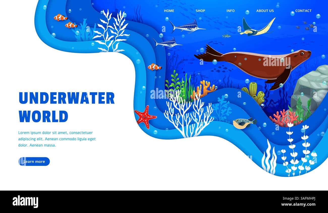 Paper cut landing page with underwater landscape, sea animals and ...