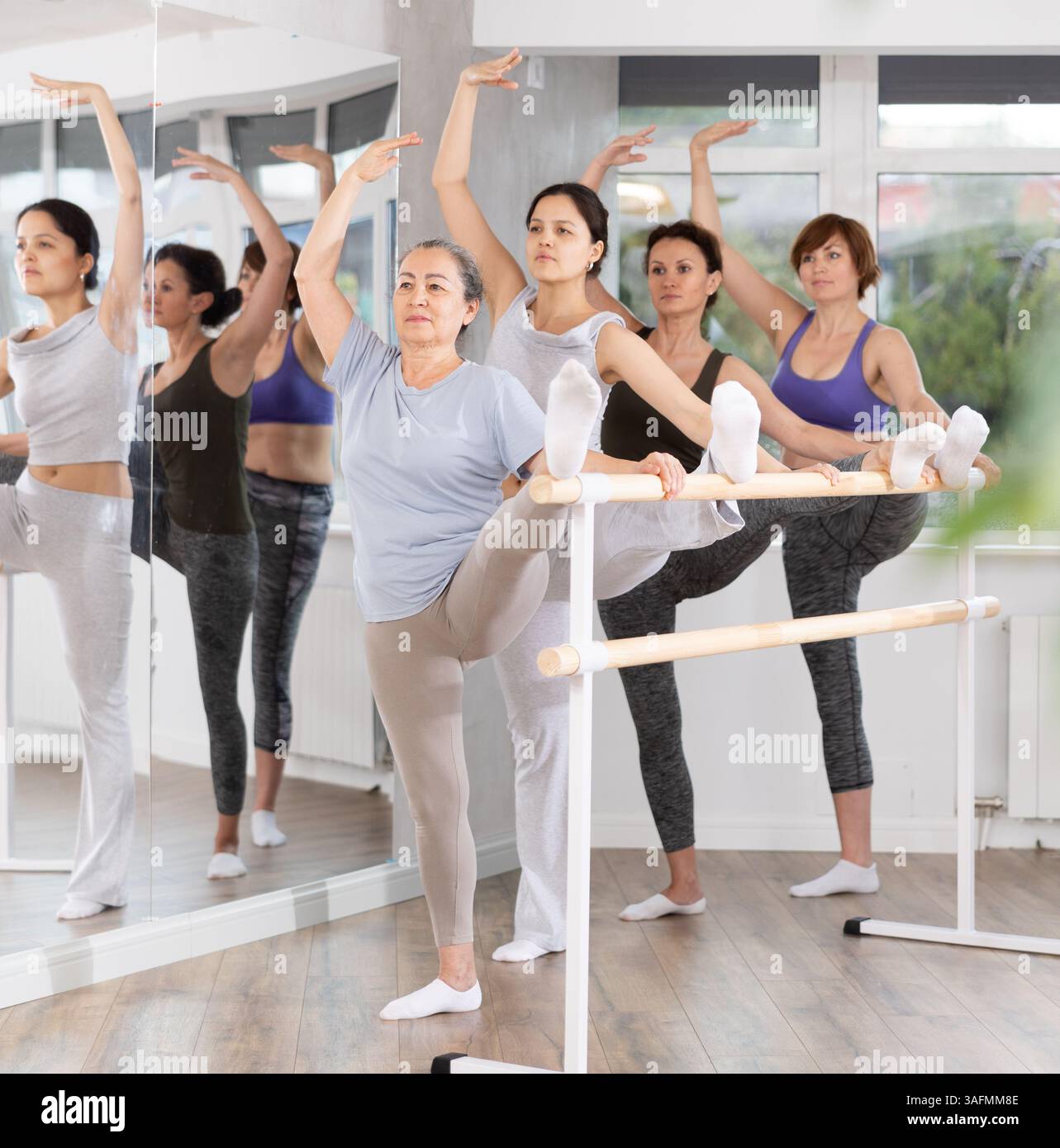 Group of women stretching at ballet barre Stock Photo - Alamy