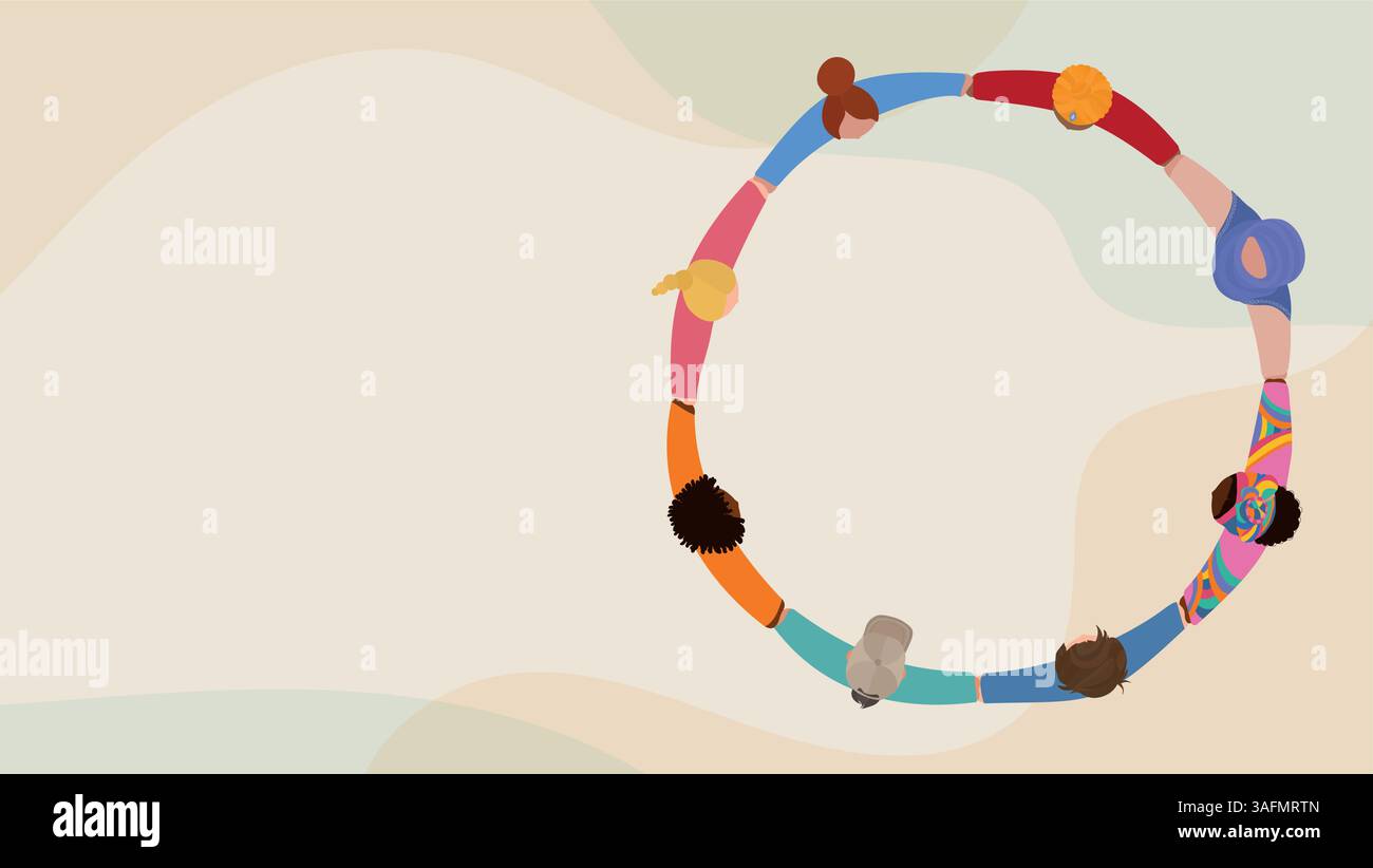 Diverse People Holding Hands in a Circle – Abstract Aerial View Illustration for Unity and ...