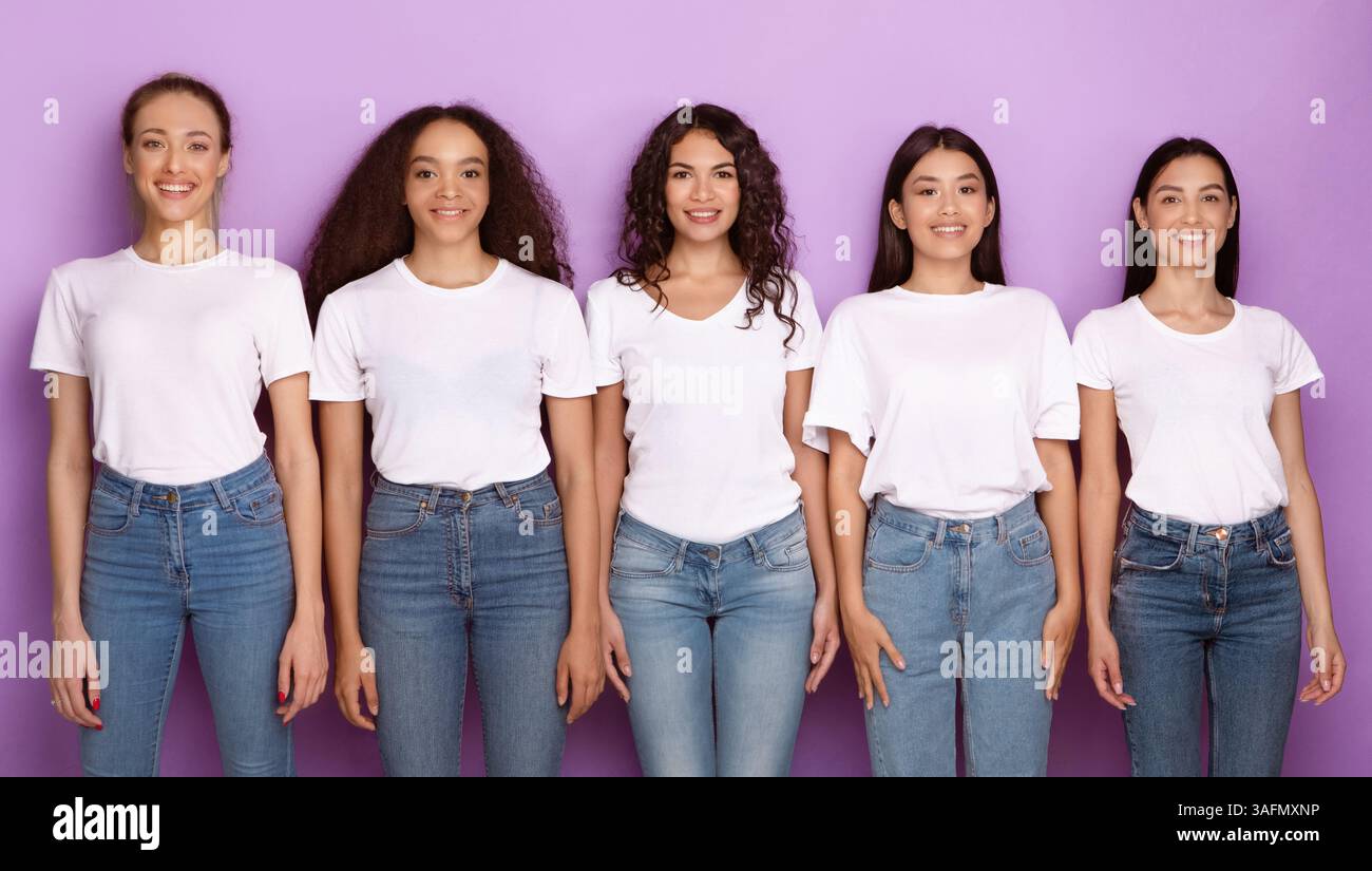 Multicultural Young Ladies Standing Together Over Purple Background ...