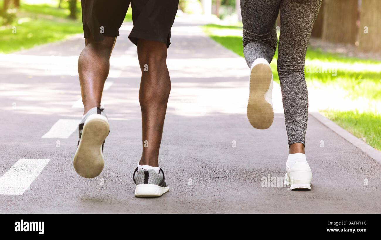 Personal Training Outdoors. Black Woman Running In Morning Park With ...