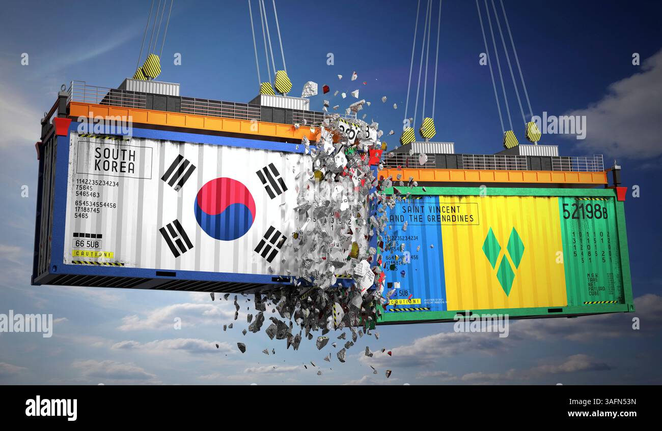 Cargo containers with flags of South Korea and Saint Vincent and the ...