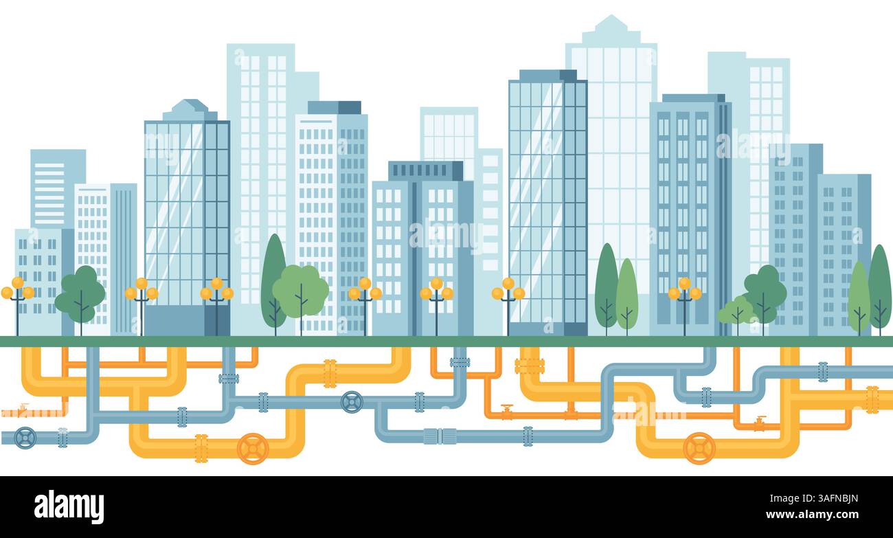 Underground pipelines. City engineering network. Gas pipes, water ...