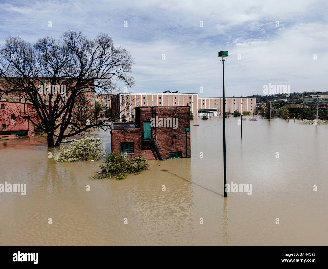 In an aerial view, the flooded Buffalo Trace Distillery is seen on ...