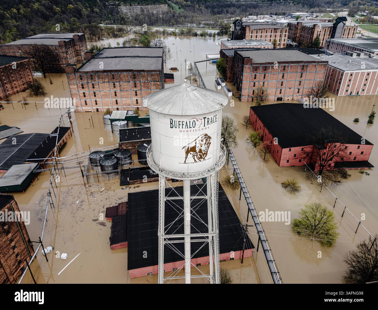 In an aerial view, the flooded Buffalo Trace Distillery is seen on ...